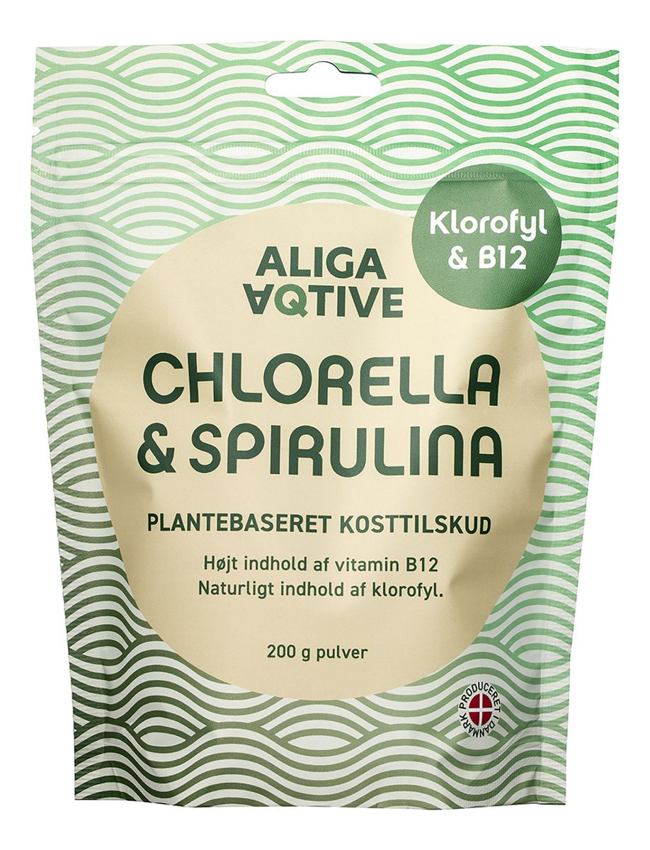 Køb Aliga Aqtive Chlorella & Spirulina pulver - 200 g - hos Med24.dk