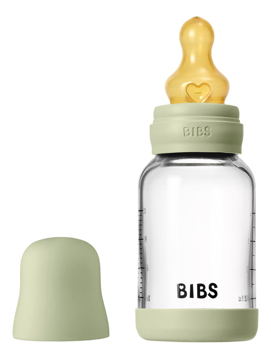BIBS Glass Baby Bottle Round Latex 120 ml. Slow Flow Sage - 1 stk.