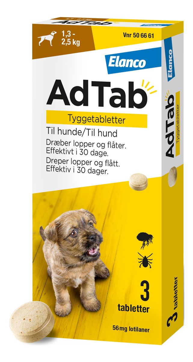 Køb AdTab tyggetabletter til hund, 1,3-2,5 kg (56 mg) | Med24.dk